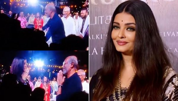 Aishwarya Rai Bachchan touches Rajinikanth's feet at PS-1 event