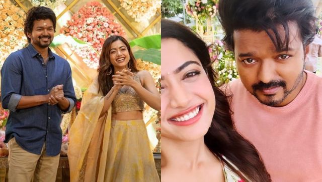 Rashmika Mandanna poses for a selfie with Thalapathy Vijay on Varisu set