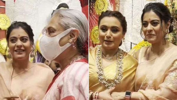 Kajol poses for photos with Jaya Bachchan, Rani Mukerji at Durga Puja