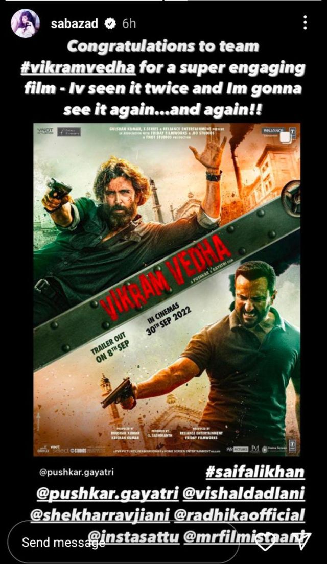 Saba Azad watches beau Hrithik Roshan starrer Vikram Vedha ‘twice’