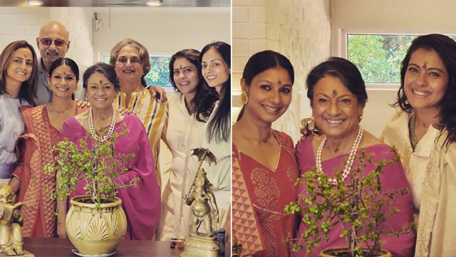 Kajol stuns in a beige ethnic outfit as she poses with Tanuja and Tanishaa