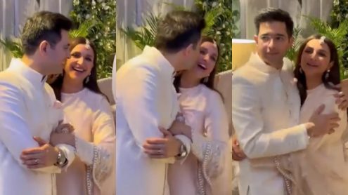 Raghav Chadha kisses Parineeti Chopra at their engagement