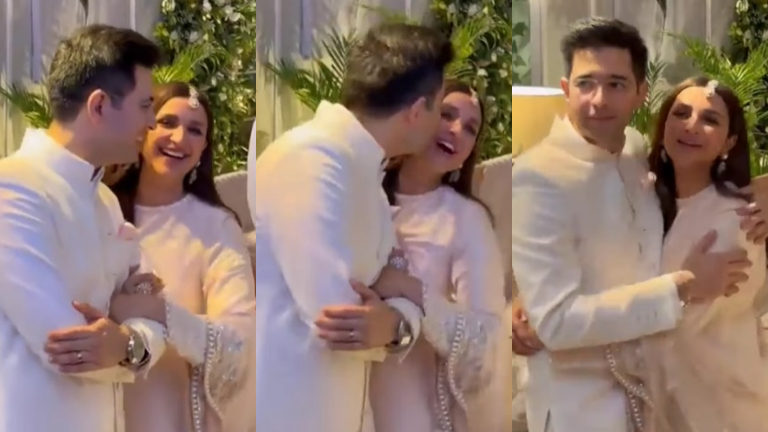 Raghav Chadha kisses Parineeti Chopra at their engagement