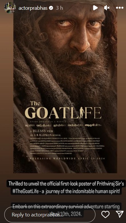 Prabhas unveils first look poster of Salaar co-star Prithviraj Sukumaran’s The Goat Life
