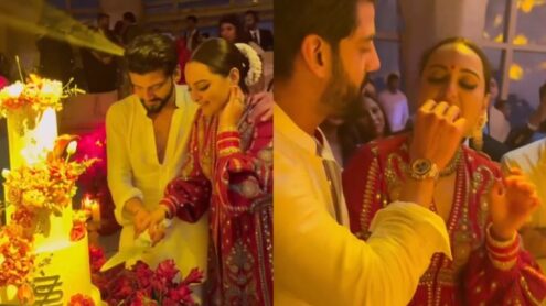 Sonakshi Sinha and Zaheer Iqbal cut a four-tier wedding cake at their ...
