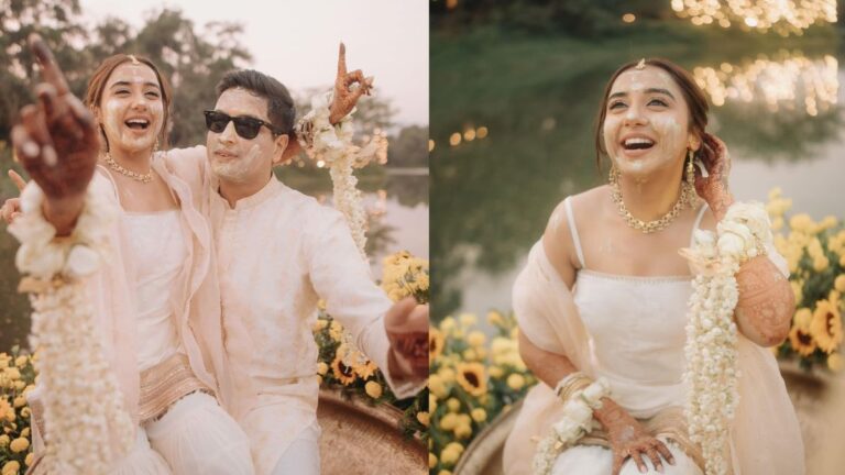 Prajakta Koli & Vrishank Khanal ditch yellow for their white-themed ...