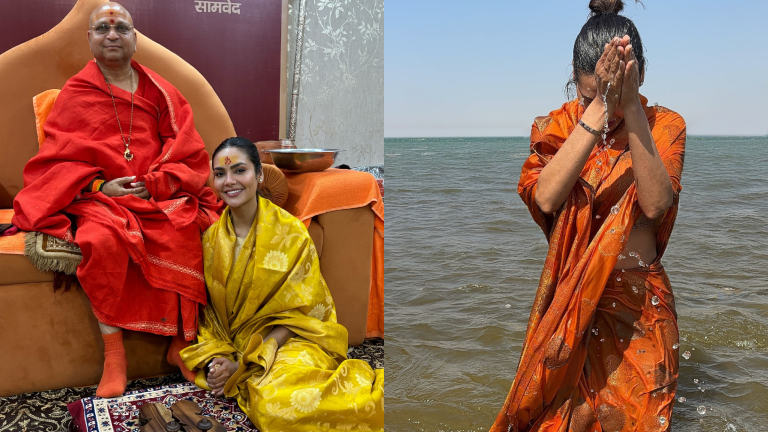 Actor Esha Gupta at Maha Kumbh takes a dip at Triveni Sangam